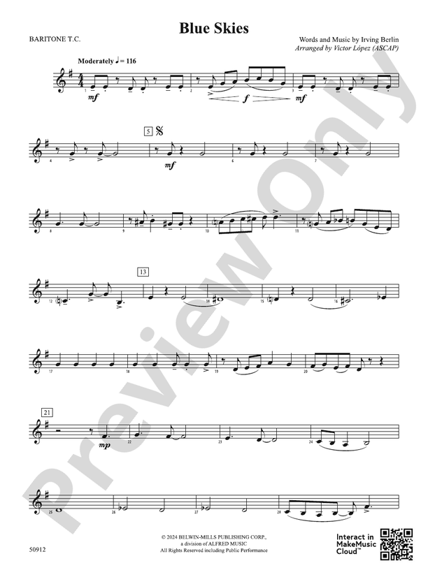 Blue Skies: Baritone T.C.: Baritone T.C. Part - Digital Sheet Music ...