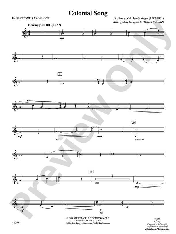 Colonial Song: E-flat Baritone Saxophone: E-flat Baritone Saxophone Part - Digital Sheet Music ...