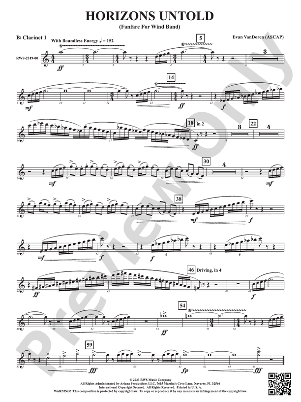 Horizons Untold - Fanfare for Wind Band: 1st B-flat Clarinet: 1st B-flat Clarinet Part: Evan ...