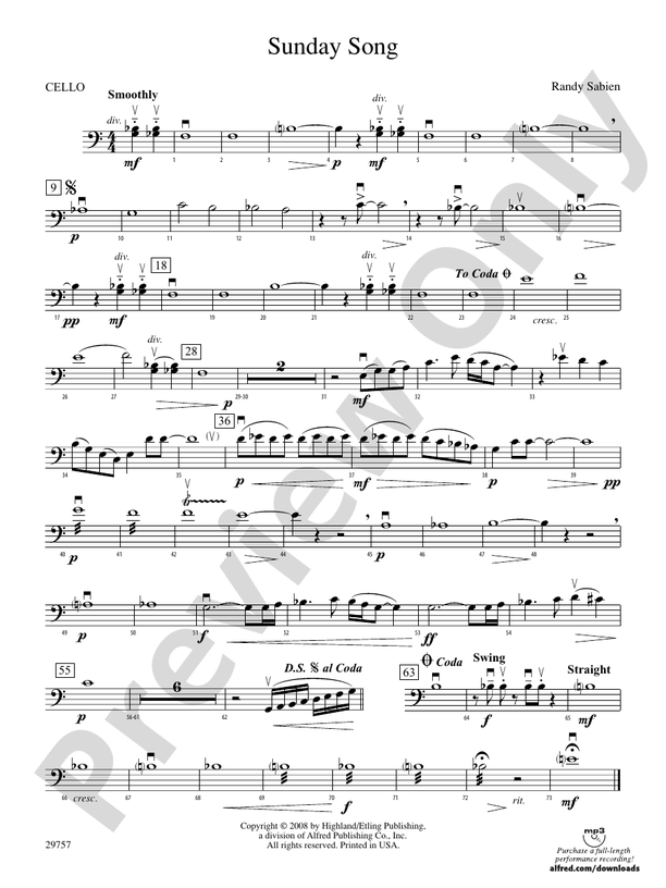 Sunday Song: Cello: Cello Part - Digital Sheet Music Download