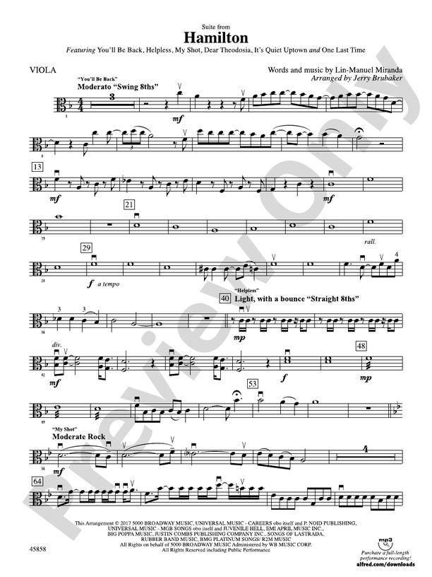 Hamilton, Suite from: Viola: Viola Part - Digital Sheet Music Download