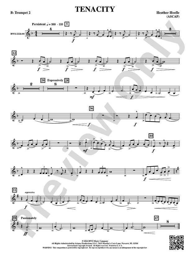 Tenacity: 2nd B-flat Trumpet: 2nd B-flat Trumpet Part: Heather Hoefle - Digital Sheet Music Download