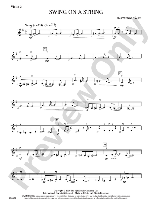 Swing on a String: Optional Violin 3 (Viola)/Violin Solo Sheet ...