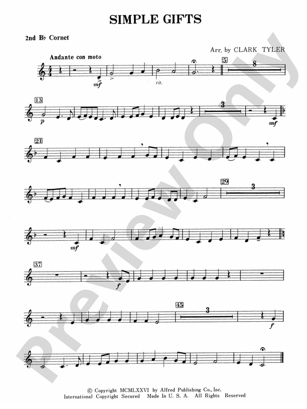 Simple Gifts (Shaker Folk Tune): 2nd B-flat Cornet: 2nd B-flat Cornet ...