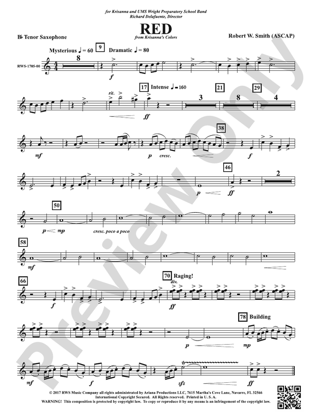 Red: B-flat Tenor Saxophone: B-flat Tenor Saxophone Part: Robert W. Smith - Digital Sheet Music ...
