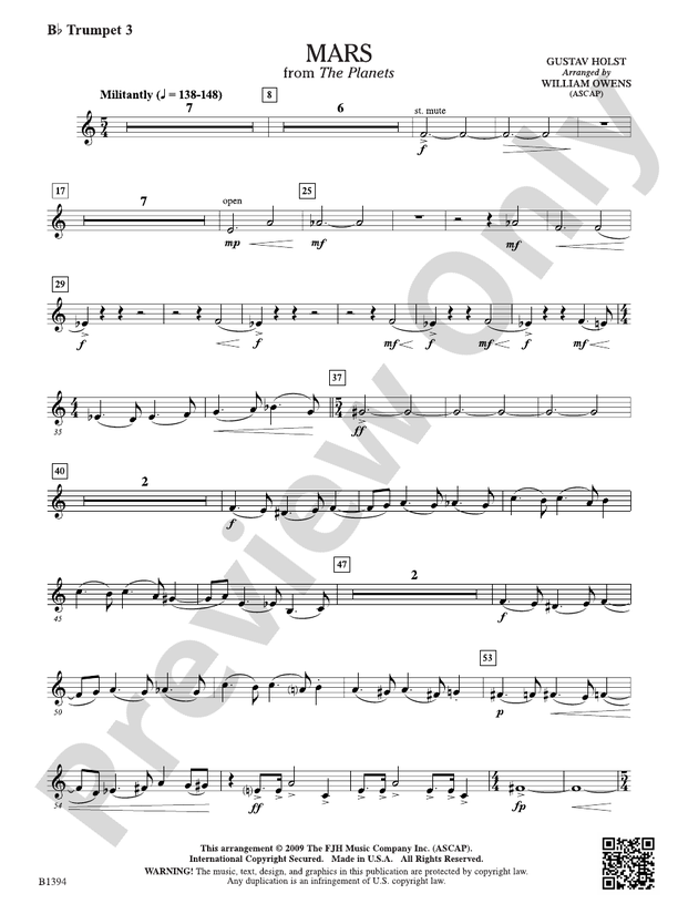 Mars from The Planets: B-flat Trumpet 3: B-flat Trumpet 3 Part: Gustav ...