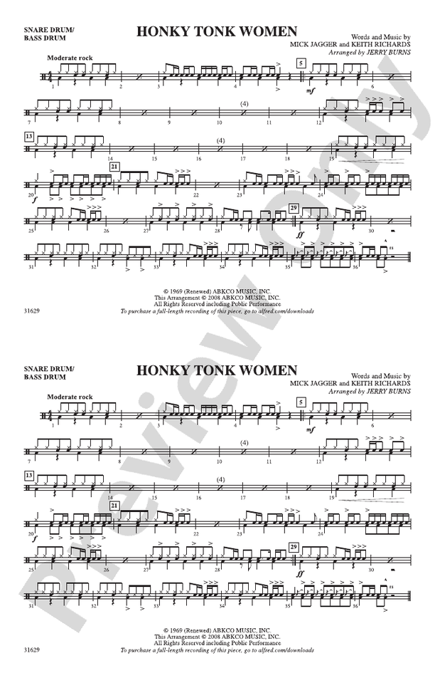 Honky Tonk Women: Snare Drum/Bass Drum: Snare Drum/Bass Drum Part ...