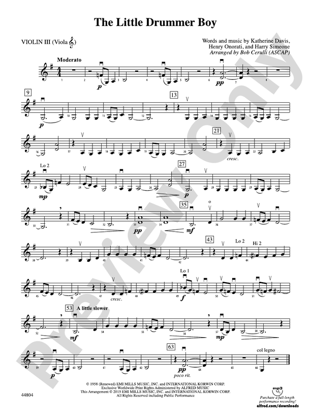 The Little Drummer Boy: 3rd Violin (Viola [TC]): 3rd Violin (Viola [TC ...