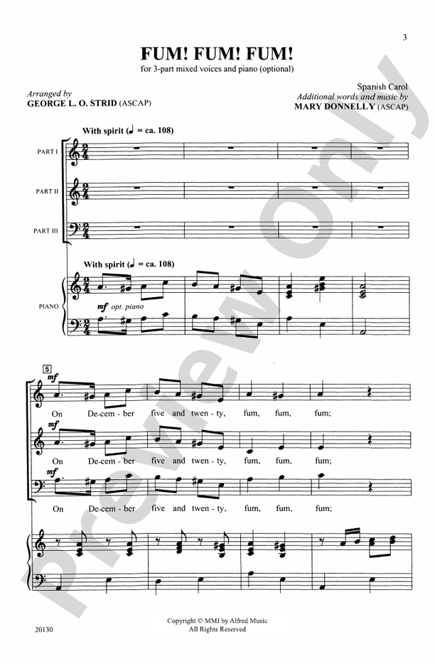 Fum! Fum! Fum! (Spanish Carol): 3-Part Mixed, Opt. a cappella Choral ...
