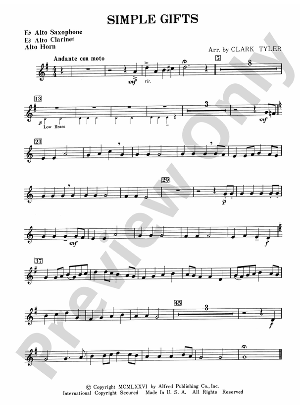 Simple Gifts (Shaker Folk Tune): E-flat Alto Saxophone: E-flat Alto Saxophone Part - Digital ...