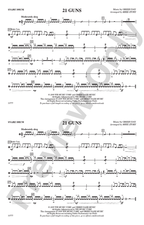 21 Guns: Snare Drum: Snare Drum Part - Digital Sheet Music Download