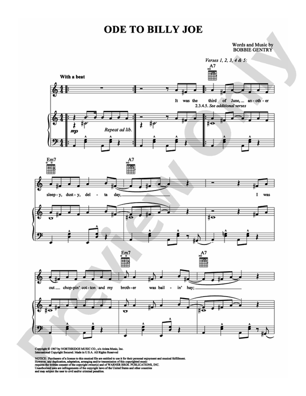 Ode To Billy Joe: Piano/Vocal/Chords: Bobbie Gentry - Digital Sheet ...