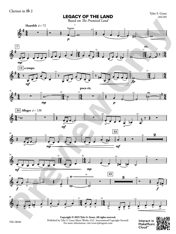 Legacy of the Land (Based on "The Promised Land"): 2nd Clarinet in B-flat: 2nd Clarinet in B ...