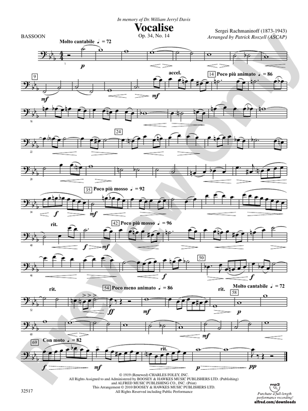 Vocalise, Op. 34, No. 14: Bassoon: Bassoon Part - Digital Sheet Music ...