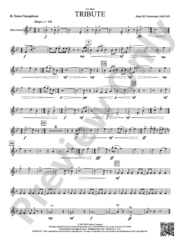 Tribute B Flat Tenor Saxophone B Flat Tenor Saxophone Part John M 9508