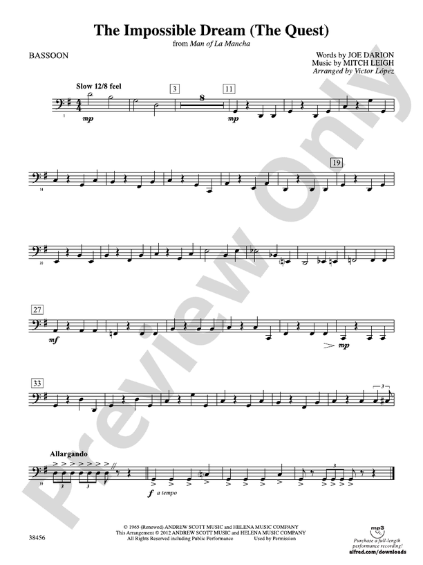 The Impossible Dream (from Man of La Mancha): Bassoon: Bassoon Part - Digital Sheet Music Download