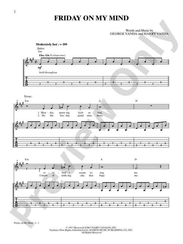 Friday On My Mind: Authentic Guitar TAB: The Easybeats - Digital Sheet ...