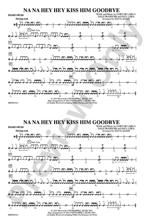 Na Na Hey Hey Kiss Him Goodbye: Snare Drum: Snare Drum Part - Digital ...