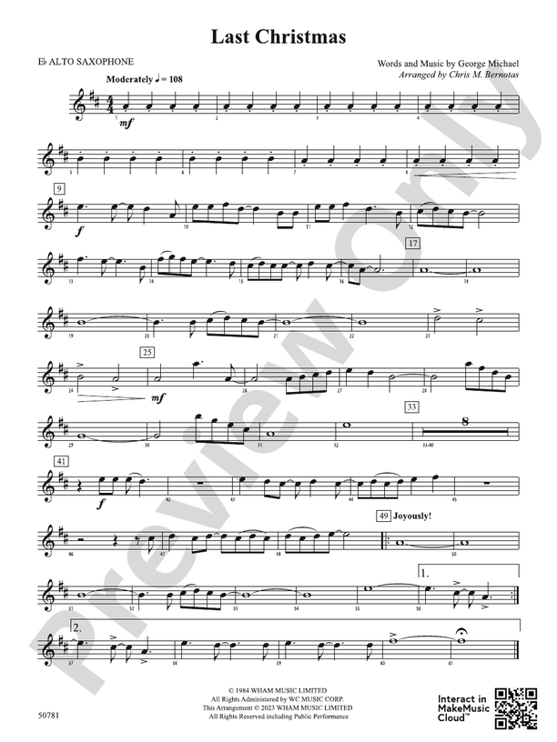 Last Christmas: E-flat Alto Saxophone: E-flat Alto Saxophone Part - Digital Sheet Music Download