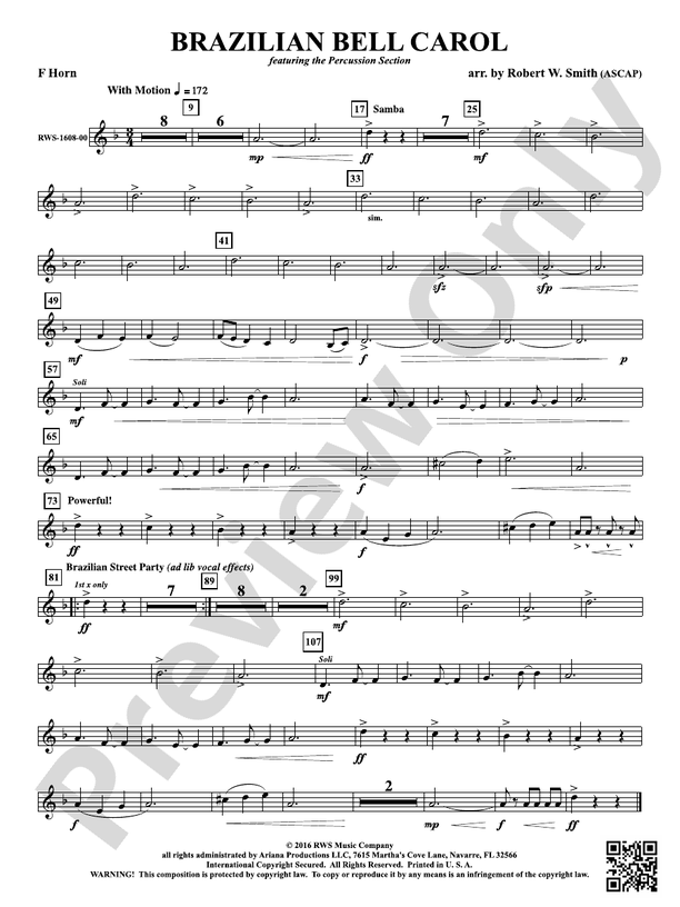 Brazilian Bell Carol: 1st F Horn: 1st F Horn Part - Digital Sheet Music Download