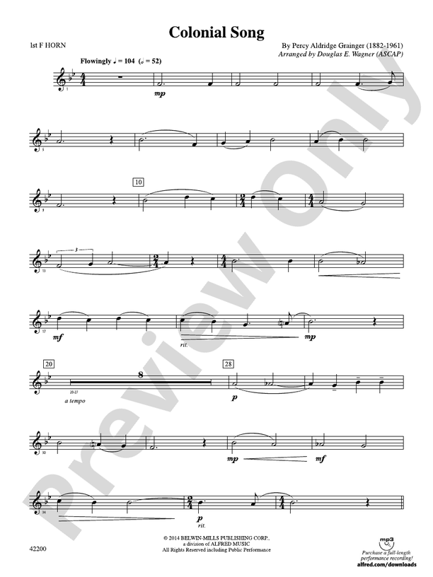 Colonial Song: 1st F Horn: 1st F Horn Part - Digital Sheet Music Download
