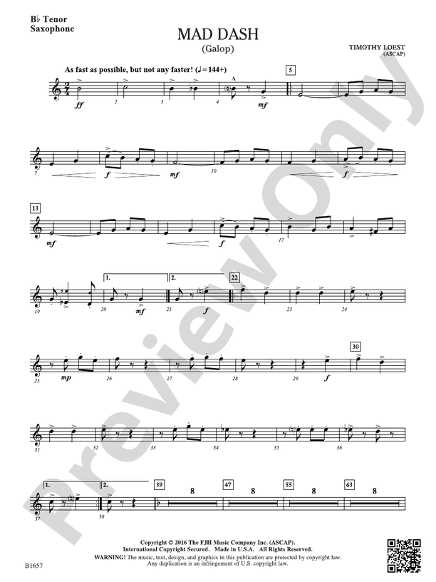Mad Dash: B-flat Tenor Saxophone: B-flat Tenor Saxophone Part: Timothy Loest - Digital Sheet ...
