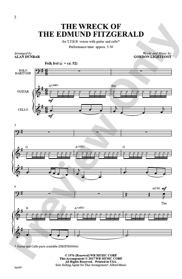 The Wreck of the Edmund Fitzgerald: TTBB Choral Octavo: Gordon ...