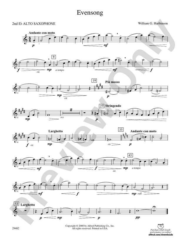 Evensong: 2nd E-flat Alto Saxophone: 2nd E-flat Alto Saxophone Part - Digital Sheet Music Download