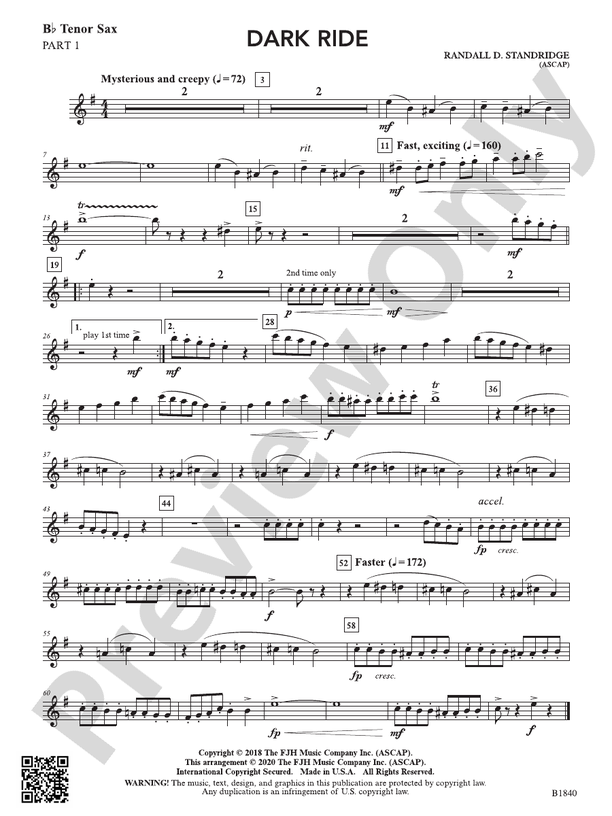 Dark Ride: Part 1 - B-flat Tenor Saxophone: Part 1 - B-flat Tenor Saxophone Part: Randall D ...