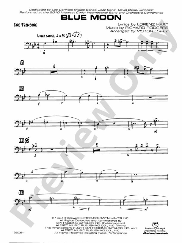 Blue Moon: 2nd Trombone: 2nd Trombone Part - Digital Sheet Music Download