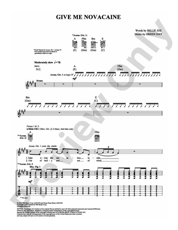 Give Me Novacaine: Guitar TAB: Green Day - Digital Sheet Music Download