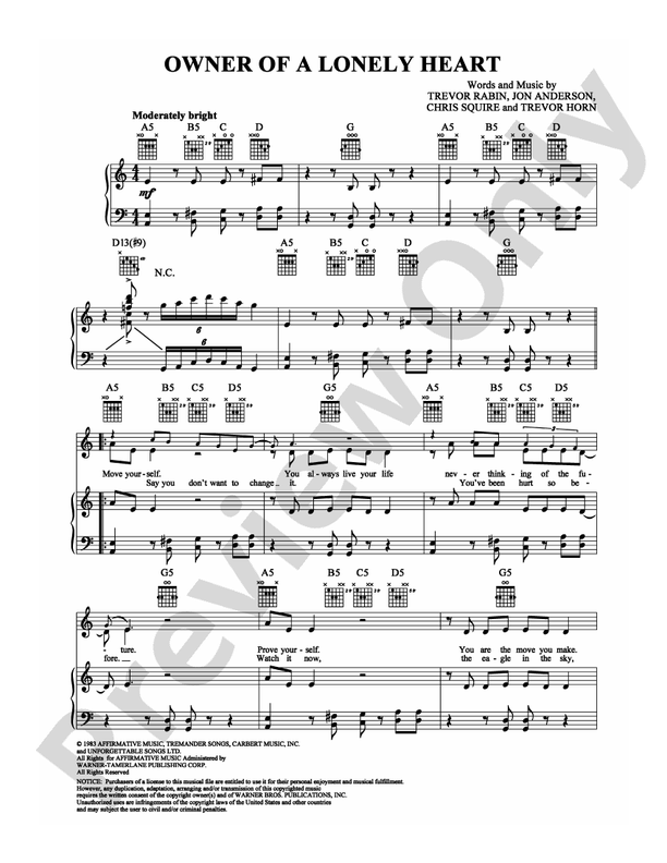 Owner of a Lonely Heart: Piano/Vocal/Chords: Yes - Digital Sheet Music ...