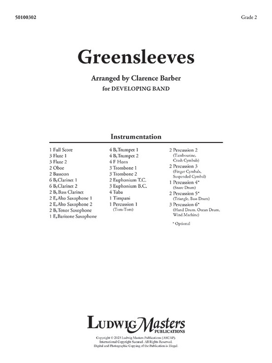 Greensleeves: Concert Band Score: Clarence E. Barber | Sheet Music