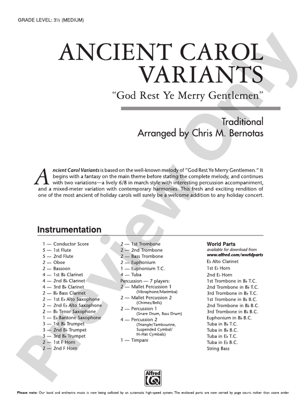 Ancient Carol Variants: Concert Band Conductor Score & Parts: Chris M. Bernotas - Digital Sheet ...