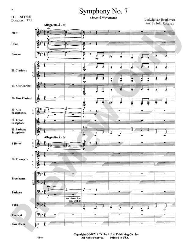 Symphony No. 7 (Second Movement): Concert Band Conductor Score & Parts ...