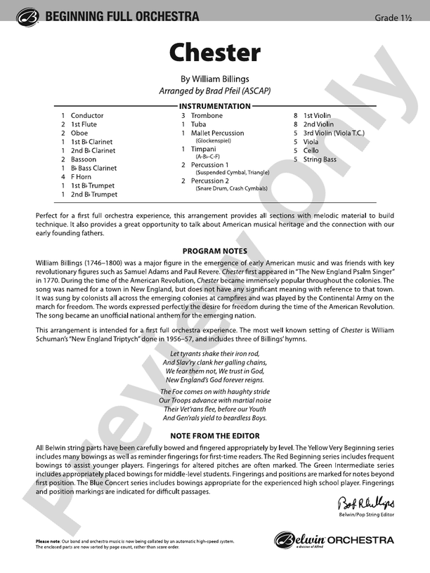 Chester: Full Orchestra Conductor Score & Parts: William Billings ...