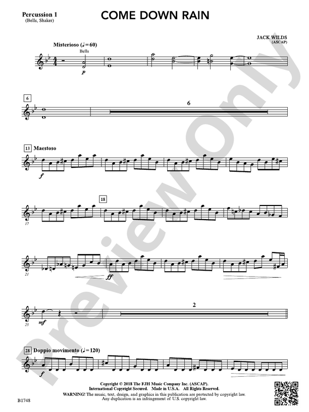 Come Down Rain: Percussion 1: Percussion 1 Part: Jack Wilds - Digital Sheet Music Download