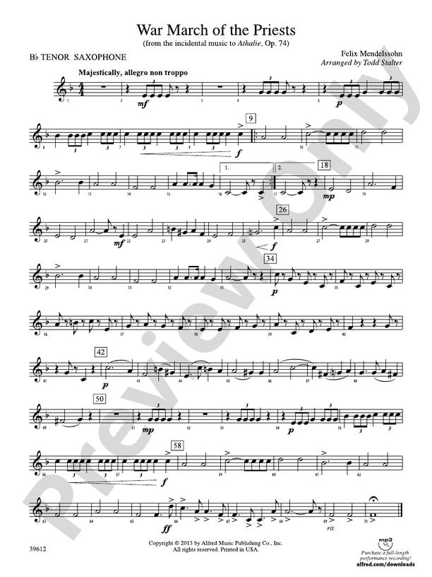 War March of the Priests: B-flat Tenor Saxophone: B-flat Tenor ...