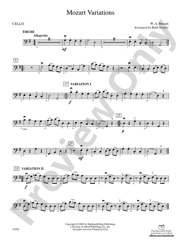 Mozart Variations: Cello: Cello Part - Digital Sheet Music Download