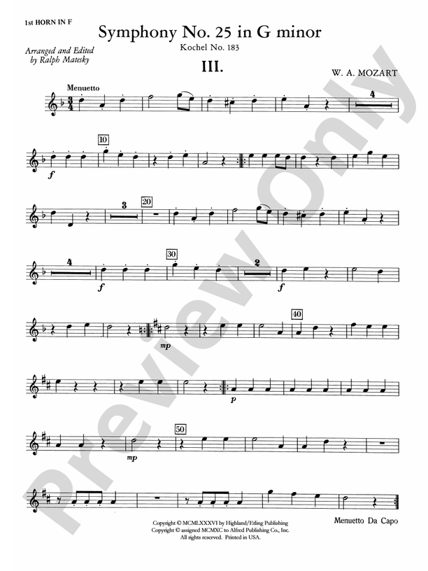 Mozart's Symphony No. 25 in G Minor, 3rd & 4th Movements: 1st F Horn: 1st F Horn Part - Digital ...