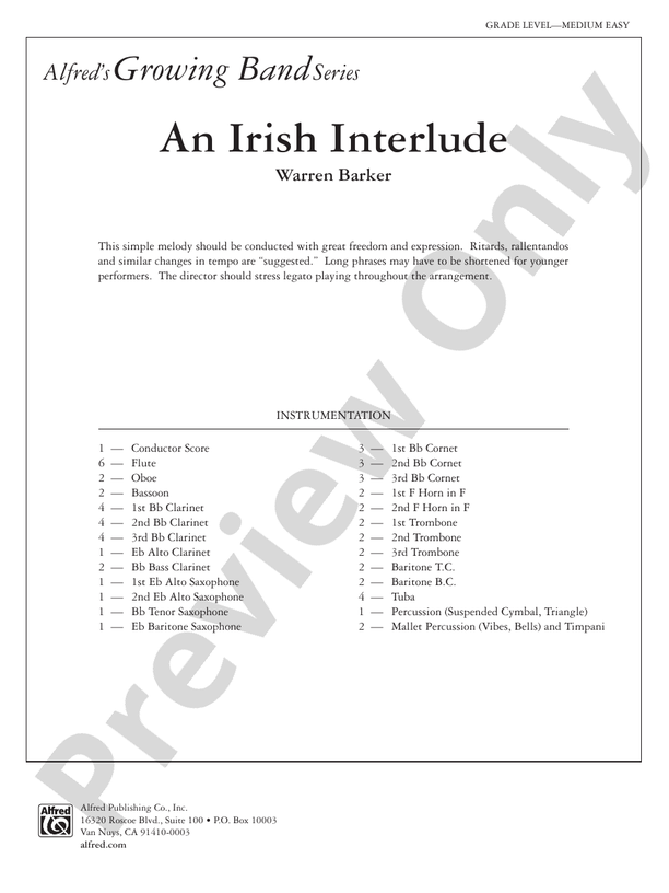 An Irish Interlude: Concert Band Conductor Score & Parts: Warren Barker ...