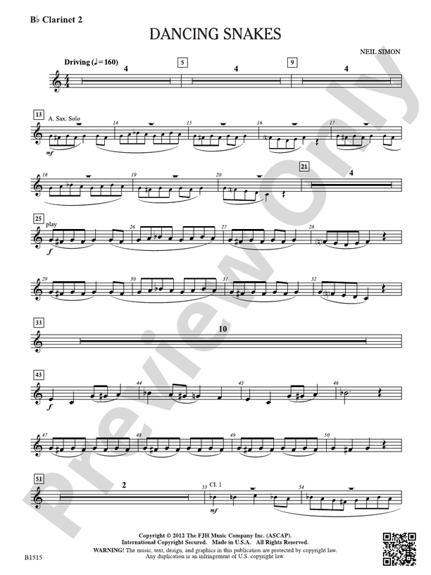 Dancing Snakes: B-flat Clarinet 2: B-flat Clarinet 2 Part: Neil Simon ...