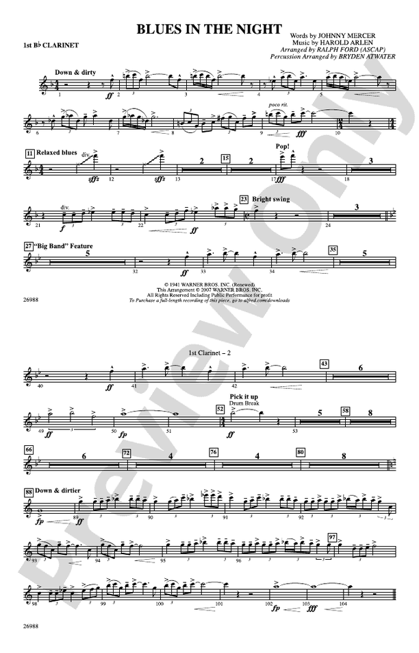 Blues in the Night: 1st B-flat Clarinet: 1st B-flat Clarinet Part - Digital Sheet Music Download