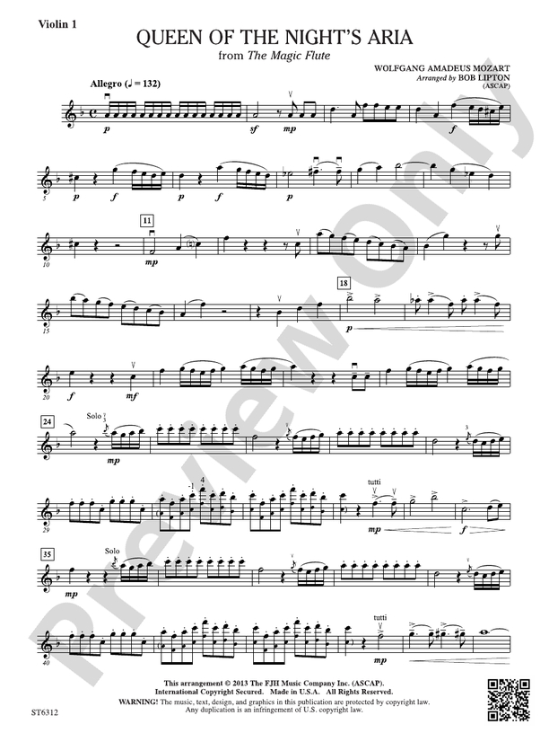 Queen of the Night's Aria: Violin 1: Violin 1 Part: Wolfgang Amadeus ...
