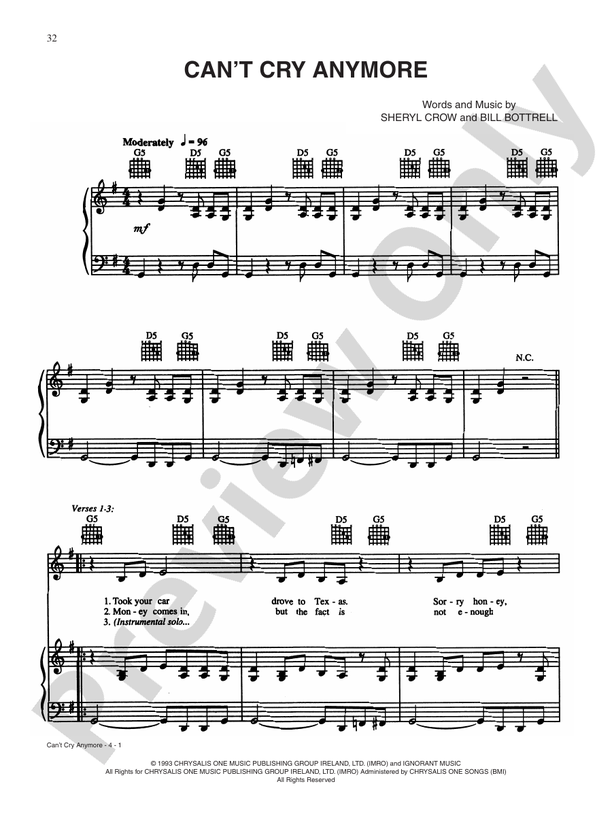 Can't Cry Anymore: Piano/Vocal/Chords: Sheryl Crow - Digital Sheet ...