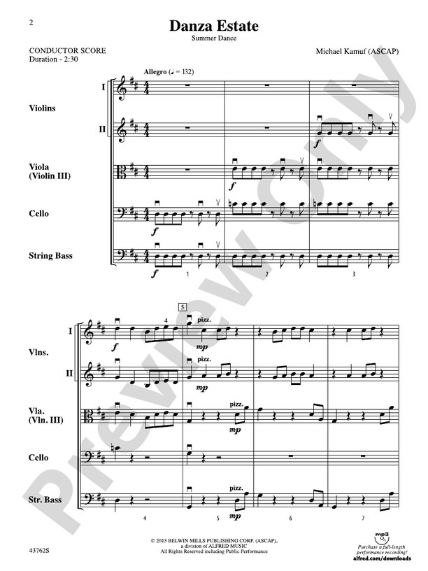Danza Estate: String Orchestra Conductor Score & Parts: Mike Kamuf ...