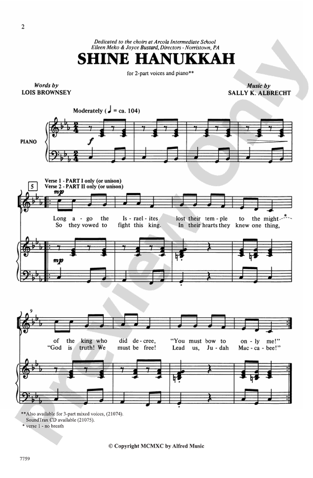 Shine Hanukkah 2 Part Choral Octavo Sally K Albrecht Digital Sheet