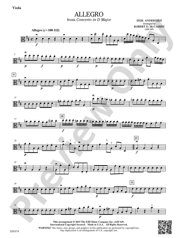 Allegro from Concerto in D Major: Viola: Viola Part: Sigr Andersen ...