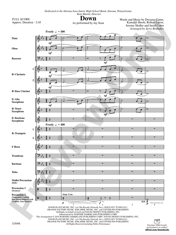 Down: Score: Concert Band Score - Digital Sheet Music Download
