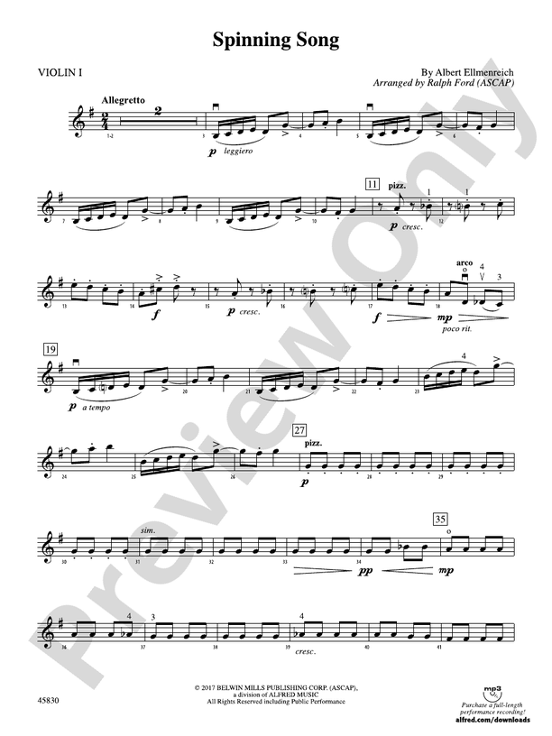 Spinning Song: 1st Violin: 1st Violin Part - Digital Sheet Music Download